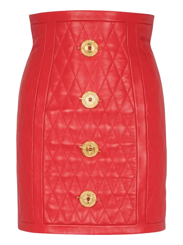 Balmain Quilted Leather Mini Skirt - Red