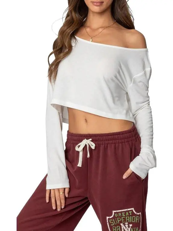 EDIKTED One-shoulder Long Sleeve Crop Top - White