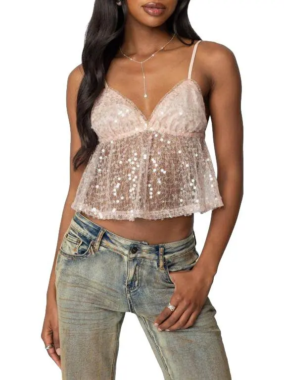 EDIKTED Sequin Babydoll Top - Pink