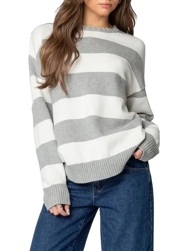 EDIKTED Richie Oversized Stripe Crewneck Sweater - Gray-melange