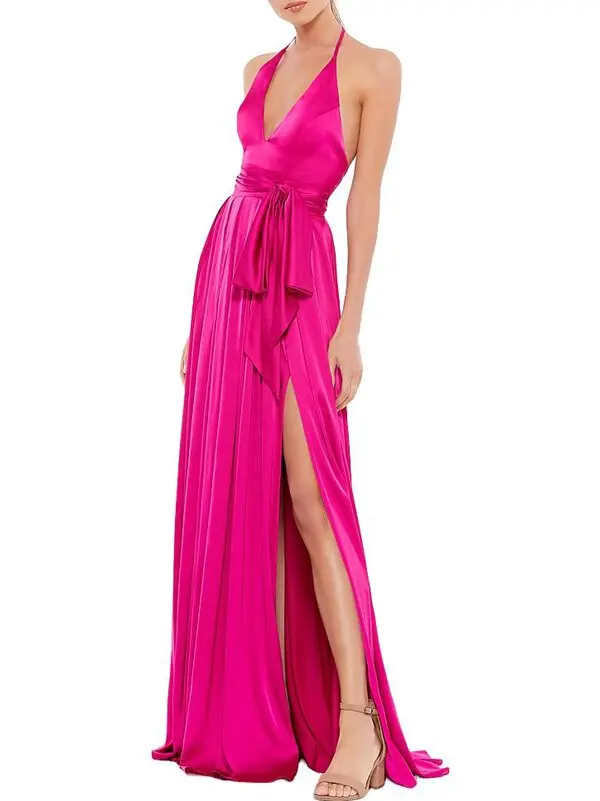 Mac Duggal Halter Neck Gown With Draped Skirt And Tie Waist - Magenta