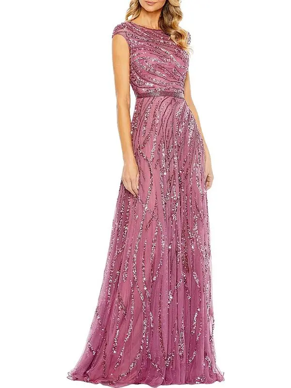 Mac Duggal Sequined Boat Neck Gown - Plum