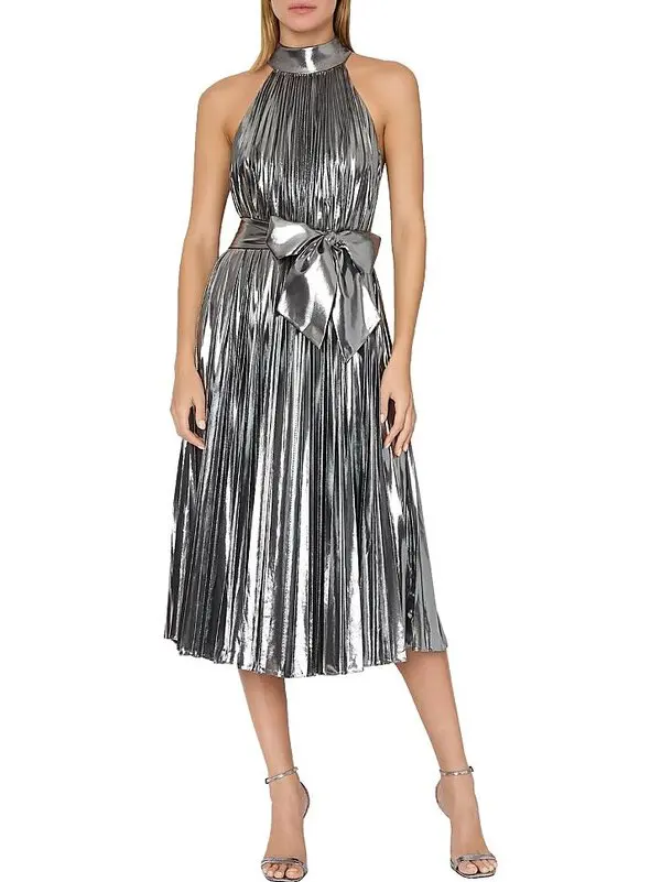 MILLY Idena Pleated Lame Halter Dress - Silver