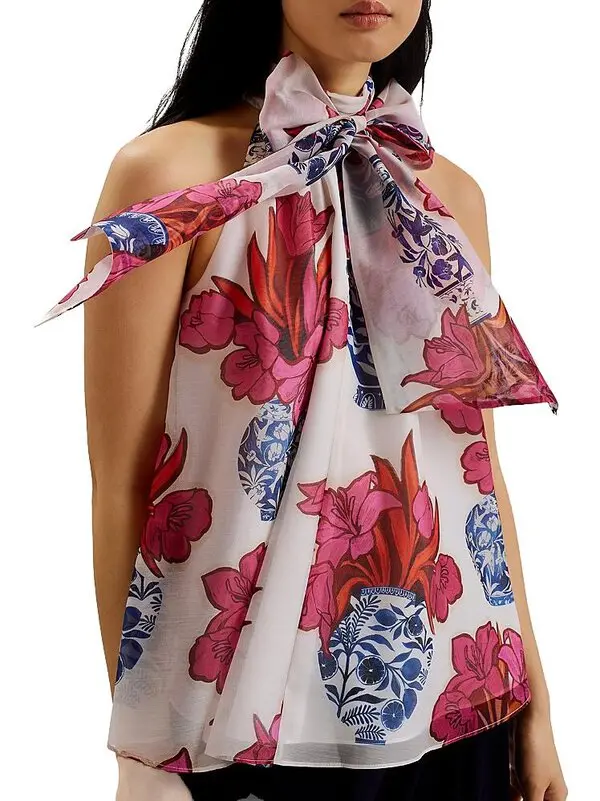 Ted Baker London Akaki Organza Printed Tie Neck Top - Ivory