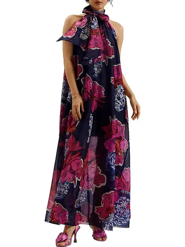 Ted Baker London Organza Tie Neck Halter Maxi Dress - Dark Blue