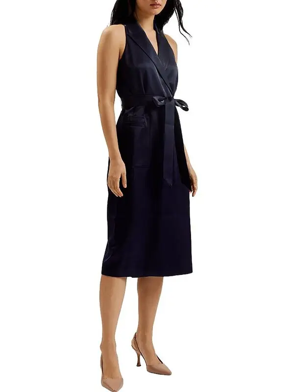 Ted Baker London Sleeveless Satin Midi Dress With Belt - Navy