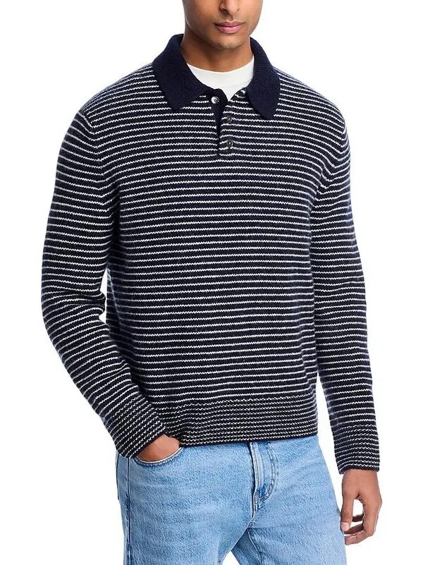 ALEX MILL Carl Merino Wool Polo Sweater - Navy/ivory Stripe