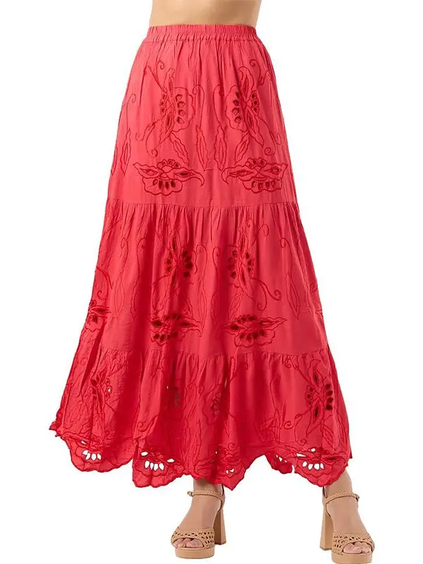 Tiare Hawaii Heliconia Eyelet Maxi Skirt - Ruby Red
