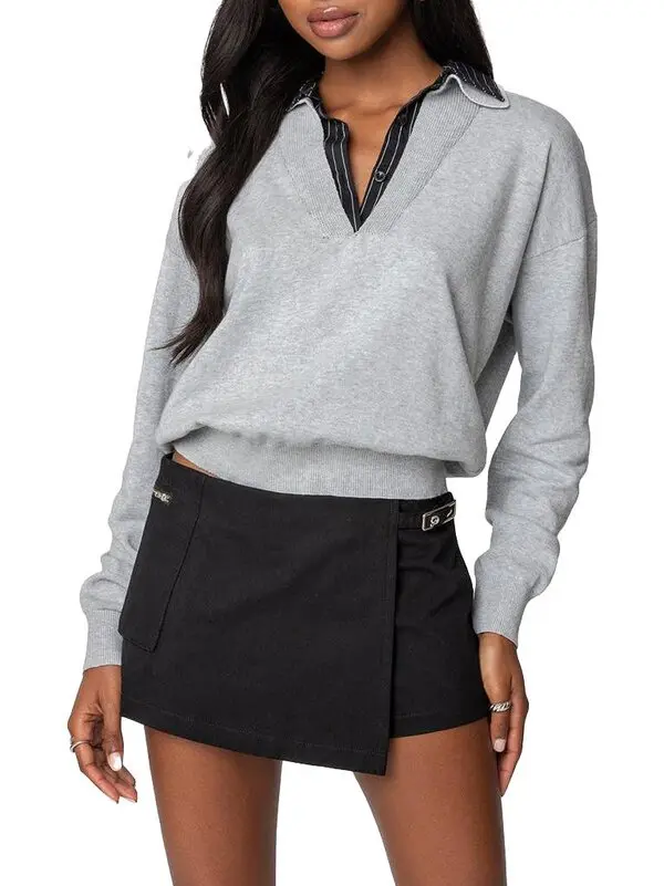 EDIKTED Rue Double Collar Sweater - Gray
