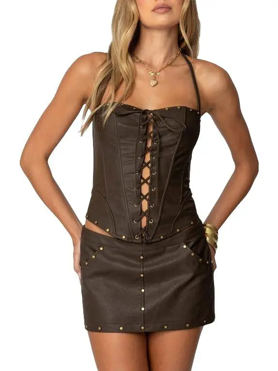 EDIKTED Stormi Faux Leather Corset Halter Top - Brown