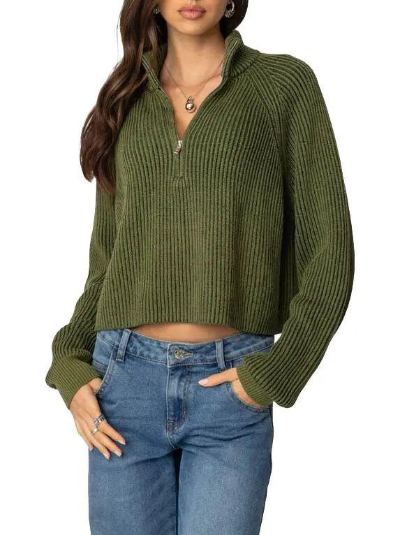 EDIKTED Rib Stitch Quarter Zip Sweater - Olive