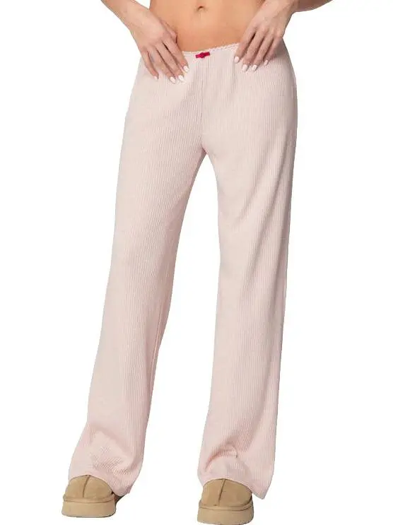 EDIKTED Roselle Lace Trim Rib Wide Leg Pants - Light-pink