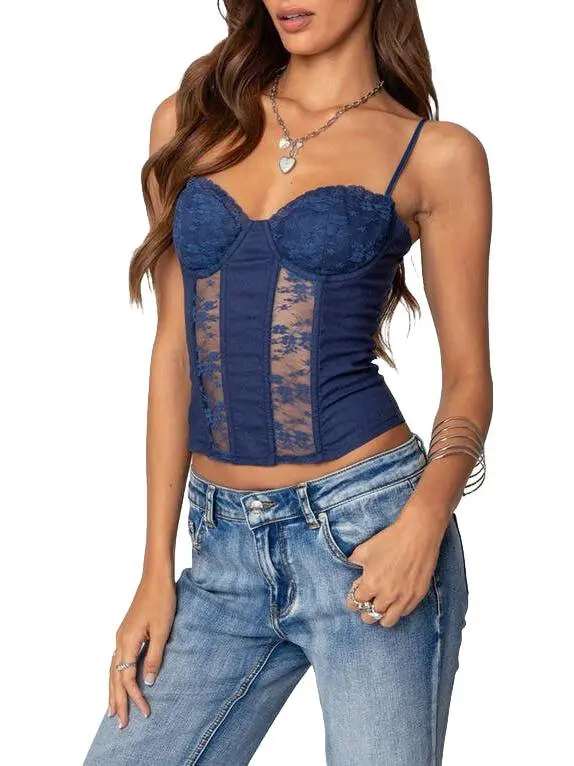 EDIKTED Avena Lace Panel Corset Top - Navy