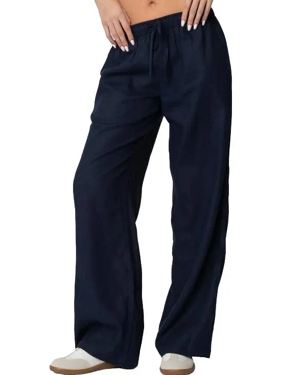 EDIKTED Yasmine Low Rise Linen Blend Drawstring Pants - Navy