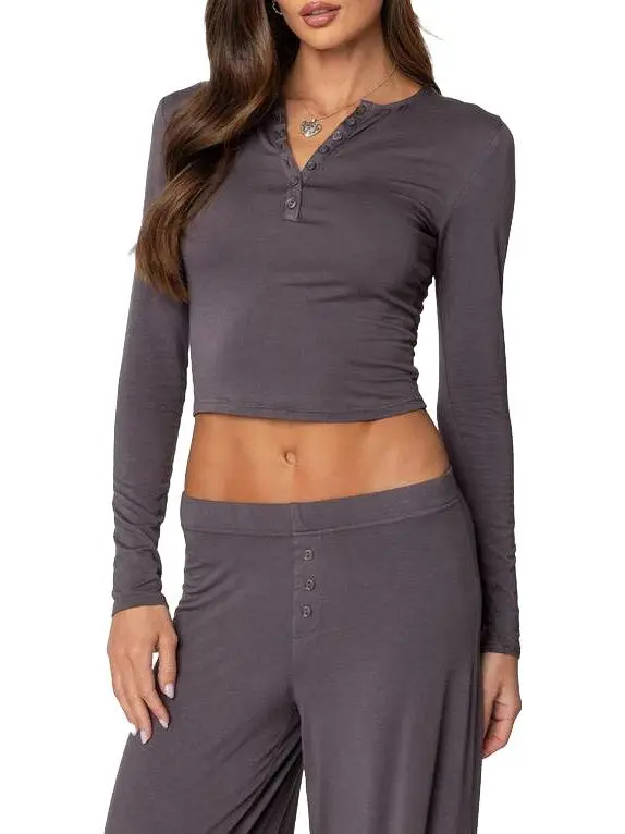 EDIKTED Long Sleeve Crop Henley - Gray