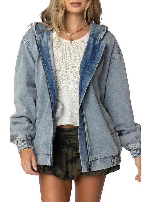 EDIKTED Denim Zip Up Hooded Jacket - Light-blue