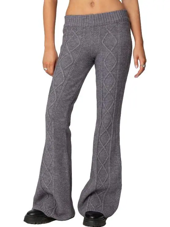 EDIKTED Ray Cable Stitch Knit Flare Pants - Gray-melange