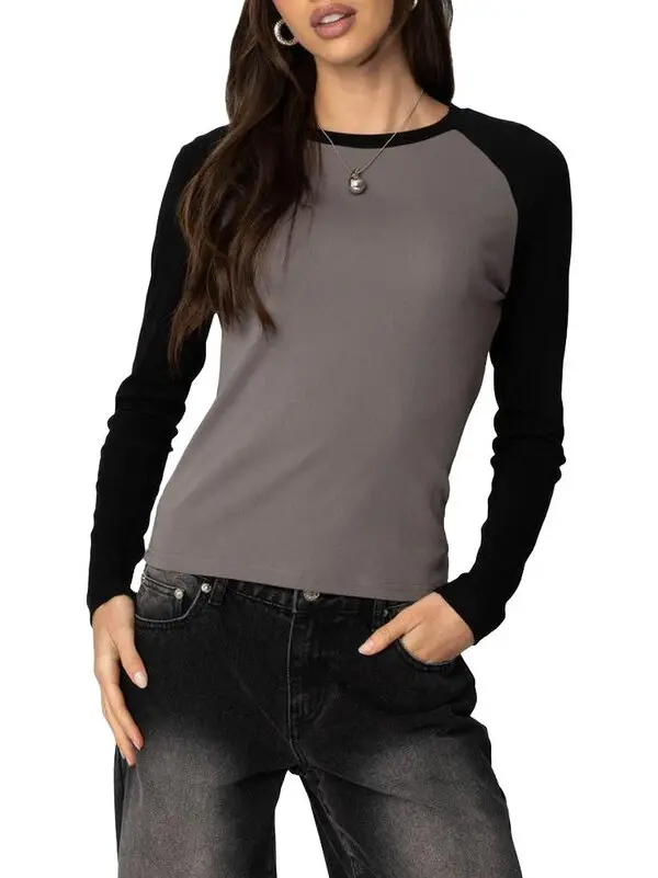 EDIKTED Tommi Stretch Cotton Baseball T-shirt - Gray-and-black