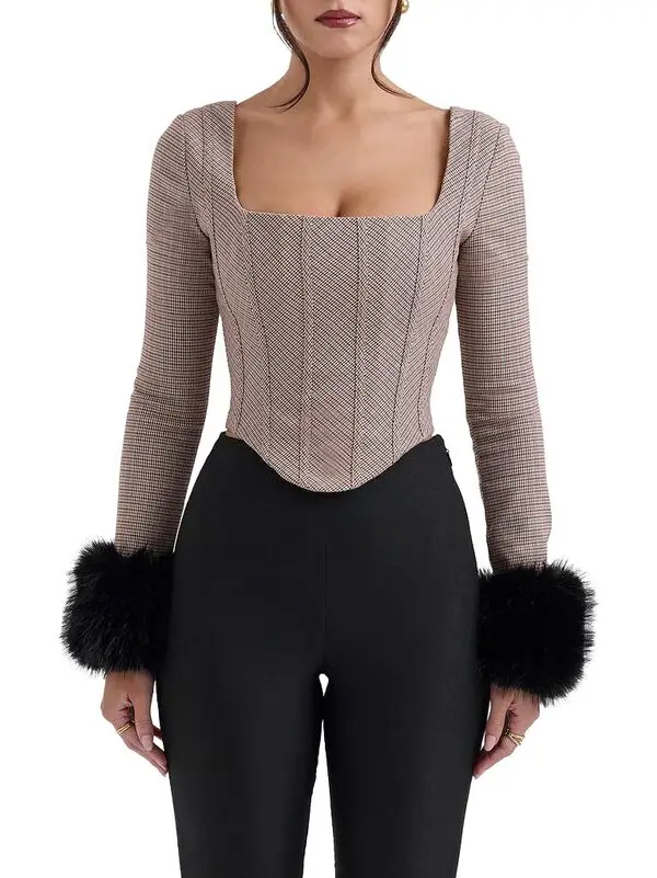 House Of Cb Antonia Microcheck Corset Top With Faux Fur Cuffs - Brown Check