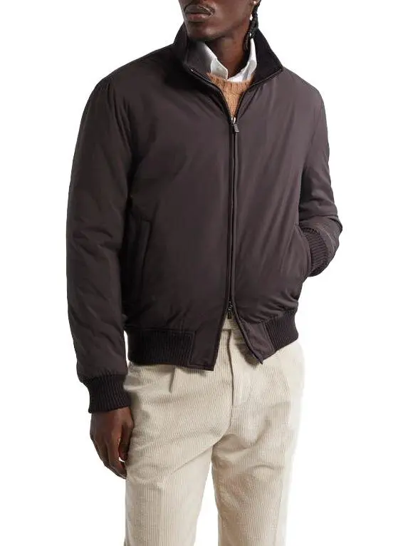 Thom Sweeney Water-resistant Nylon Bomber Jacket - Darkest Brown
