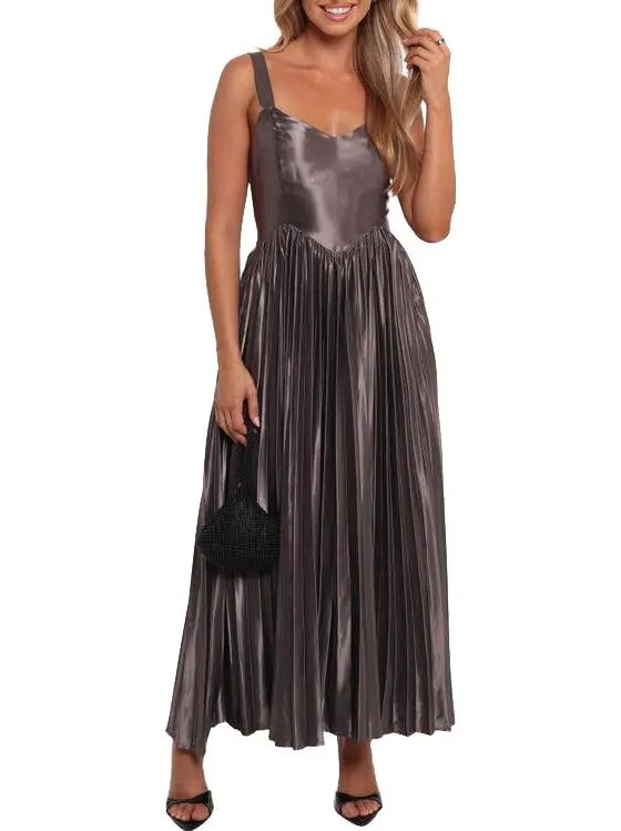 PETAL & PUP Camala Metallic Satin Pleated Maxi Dress - Grey Silver
