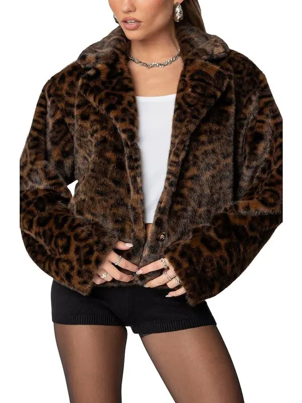 EDIKTED Lady Leopard Faux Fur Jacket - Brown