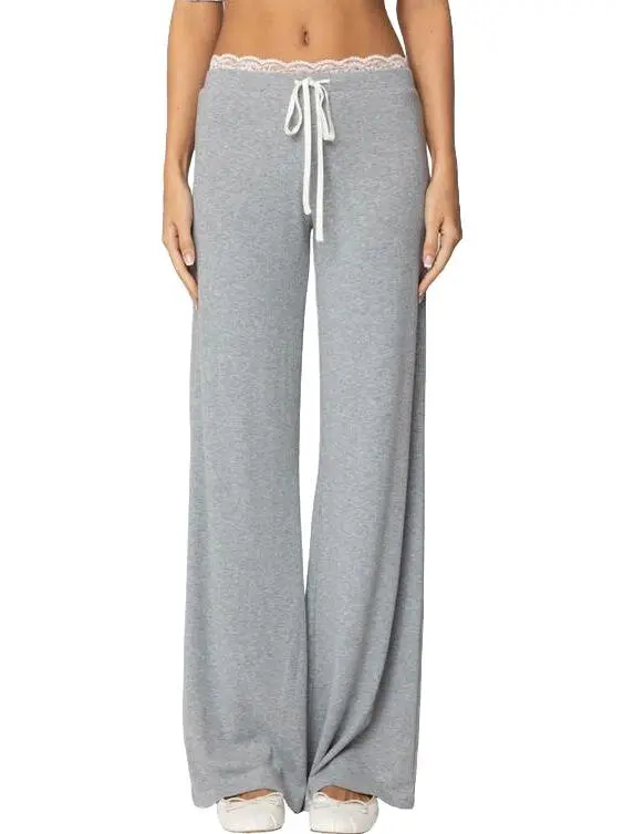 EDIKTED Peekaboo Lace Trim Knit Wide Leg Pants - Gray-melange