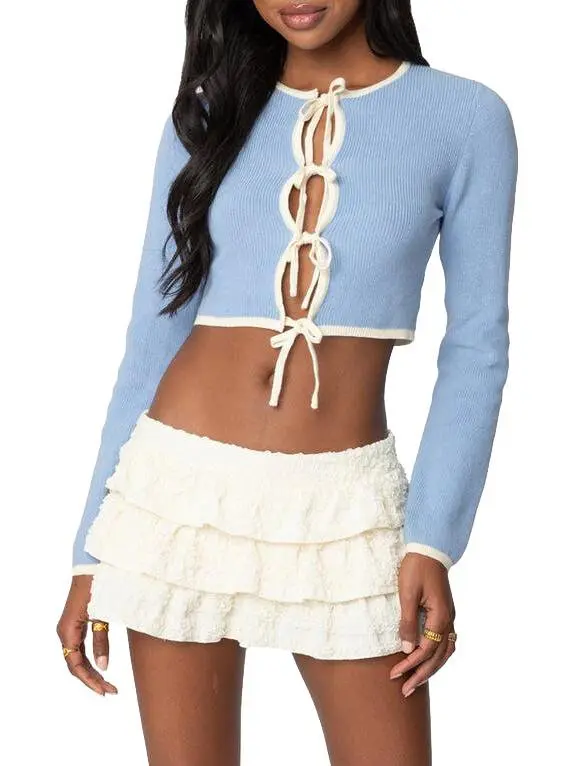 EDIKTED Jaylin Tie Front Crop Cardigan - Light-blue