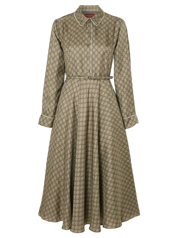 Gucci Belted Piped Printed Silk-twill Maxi Shirt Dress - Brown
