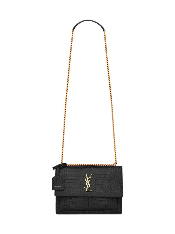 Saint Laurent Medium Sunset Croc-embossed Shoulder Bag - Black