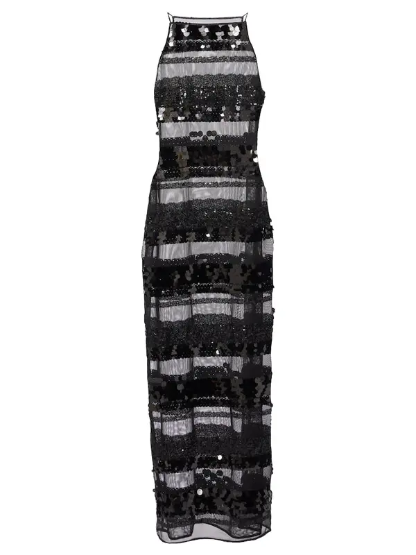 Oseree Sequined Striped Maxi Dress - Black