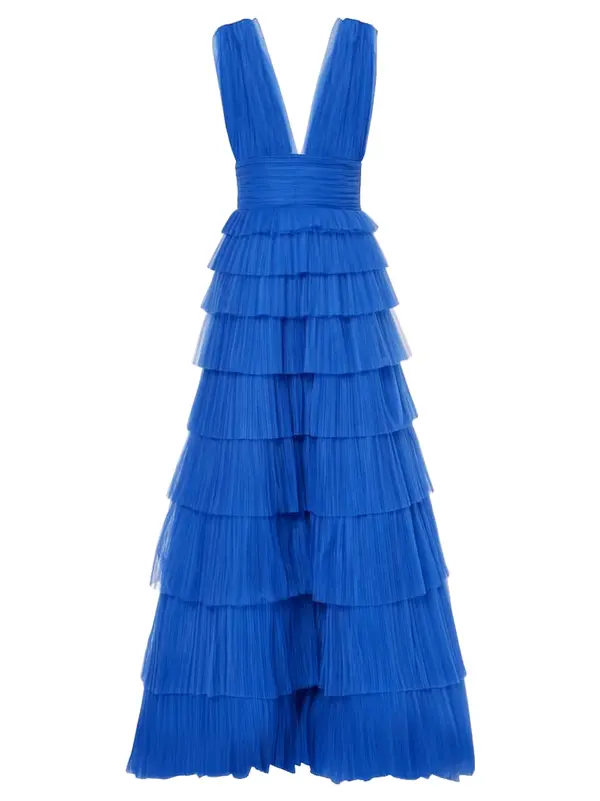 Costarellos Zeferra Plissé Tulle Gown - Blue