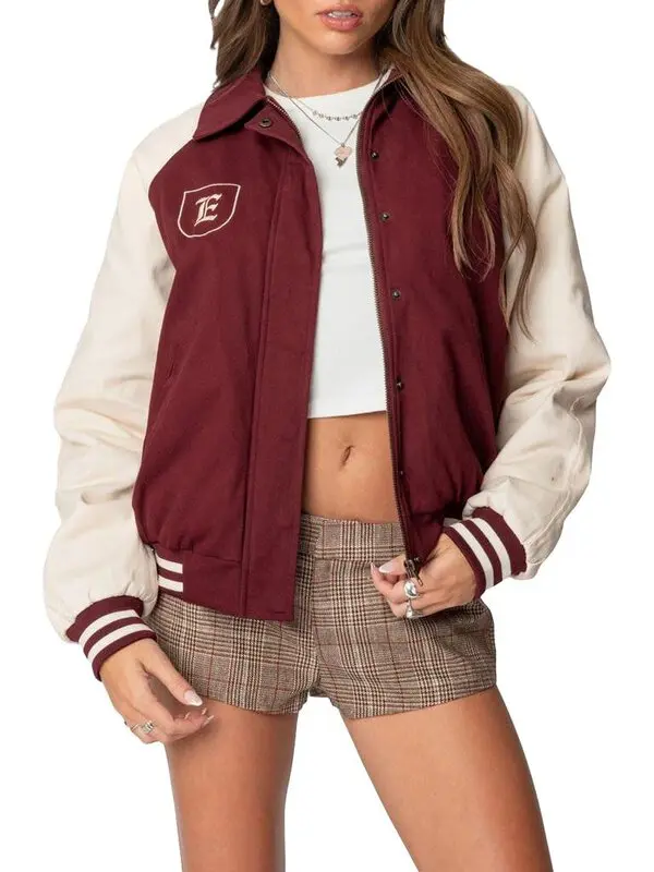EDIKTED Oversized Varsity Bomber Jacket - Burgundy