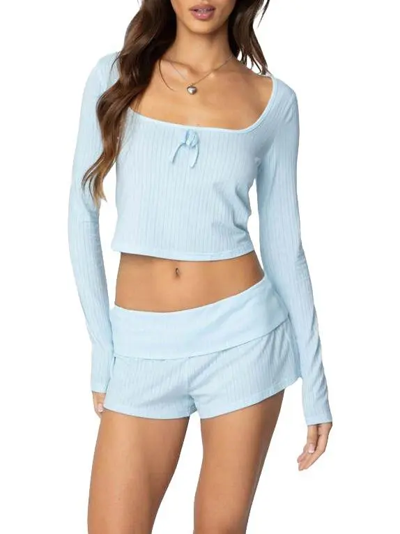 EDIKTED Lucilla Ribbed Long-sleeve Top - Light-blue