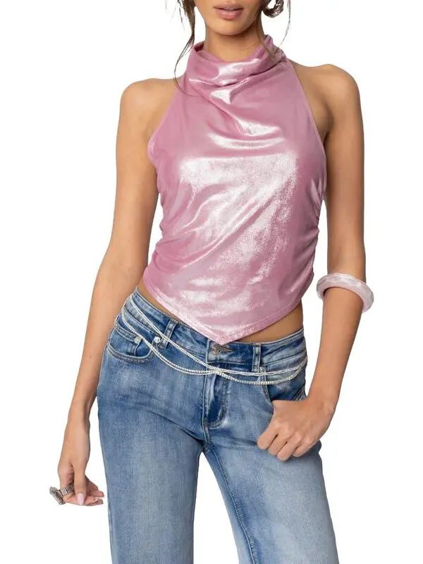 EDIKTED Metallic Cowl Neck Halter Top - Pink
