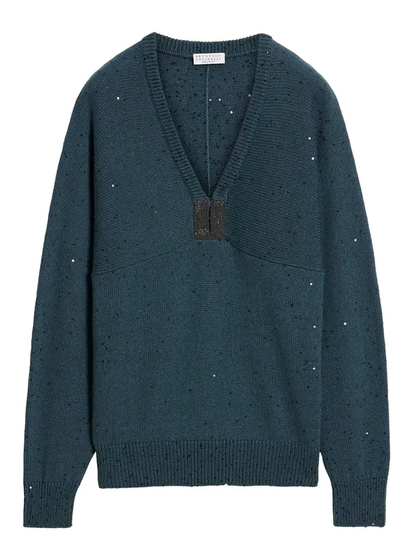 Brunello Cucinelli Cashmere And Silk-blend Sweater With Embellishments - Petrol