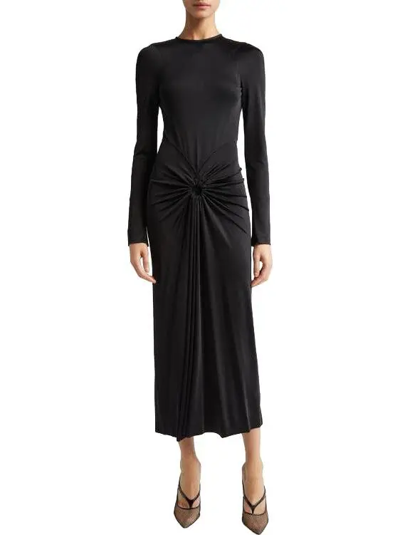 Victoria Beckham Long Sleeve Gathered Jersey Midi Dress - Black