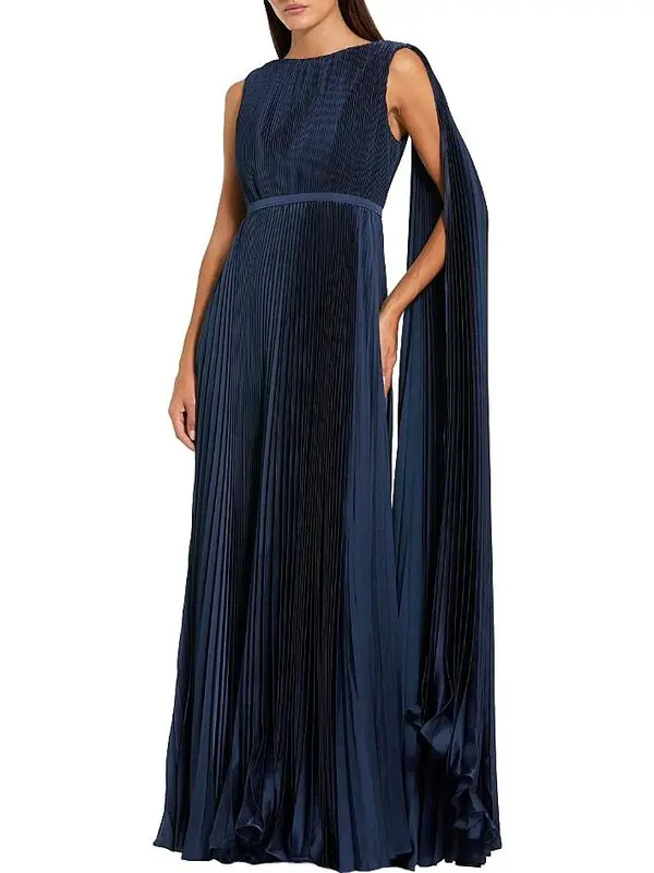 Mac Duggal Sleeveless High Neck Cape Back Pleated Gown - Midnight