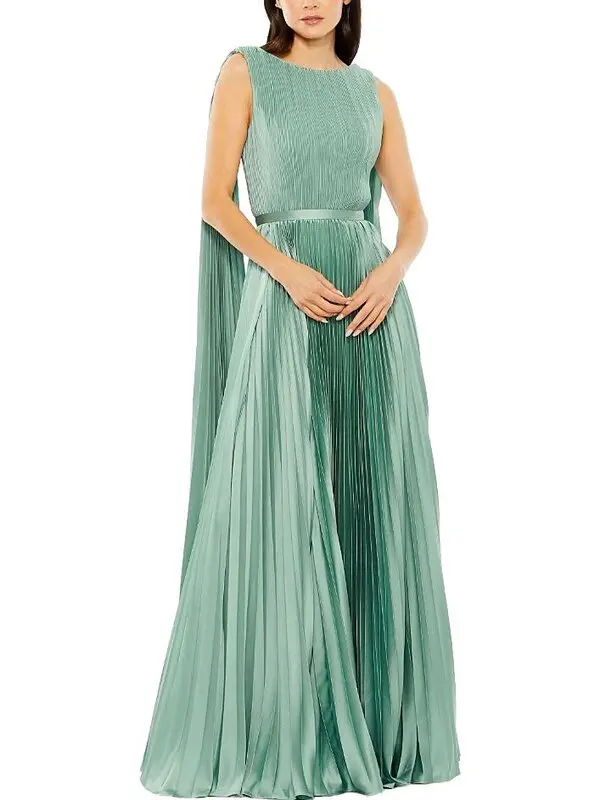 Mac Duggal Sleeveless High Neck Cape Back Pleated Gown - Sage
