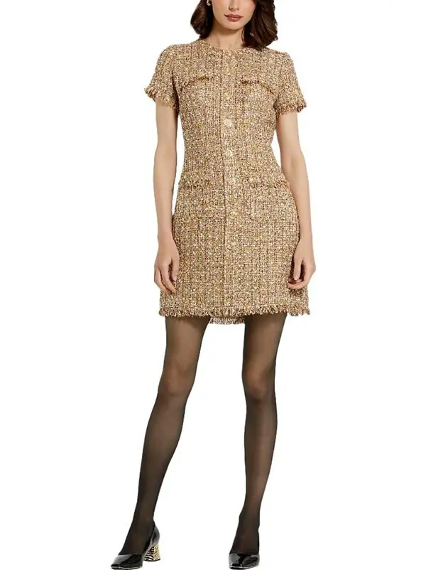 Mac Duggal Boucle Mini Dress With Pockets - Latte Multi