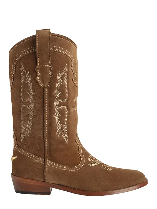 Zadig&Voltaire Embroidered Suede Western Boots - Cognac
