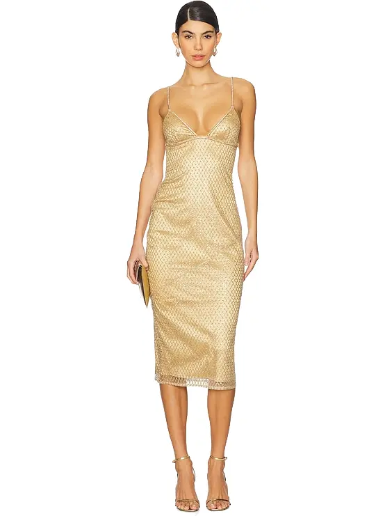 For Love & Lemons Glitter Grid Midi Dress - Gold