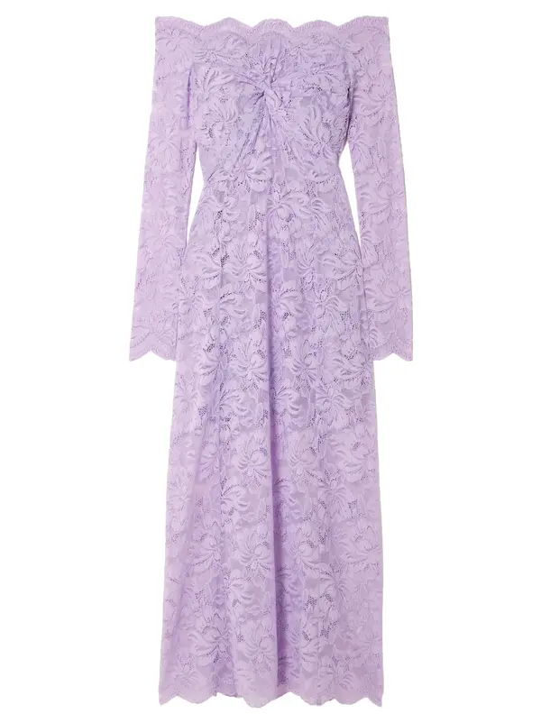 Rabanne Off-the-shoulder Twist-front Guipure Lace Midi Dress - Purple