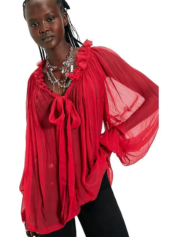 Free People Chiffon Bow Blouse - Fiery Red