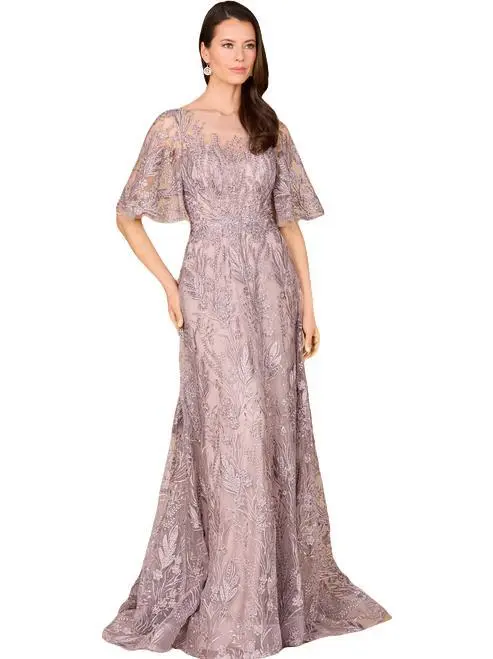 LARA NEW YORK Beaded A-line Gown With Cape Sleeves - Dusty Lavender