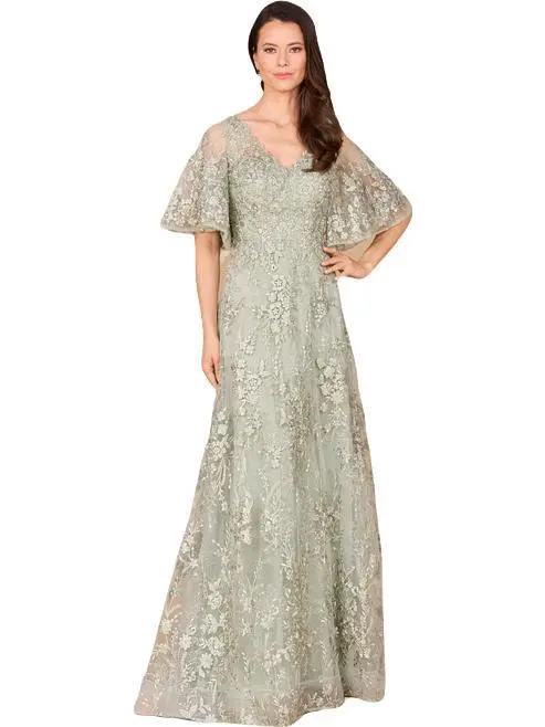 LARA NEW YORK V-neck Embellished A-line Gown With Cape Sleeves - Sage
