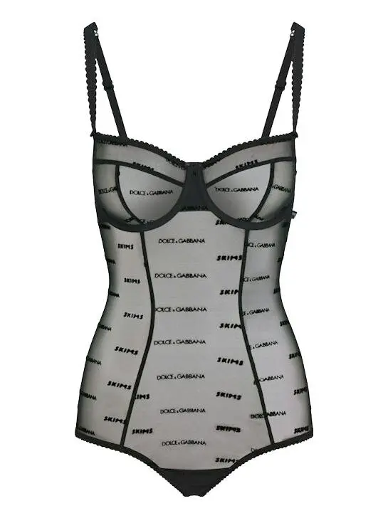 SKIMS X Dolce&gabbana Ultra Fine Mesh Logo Brief Bodysuit - Onyx