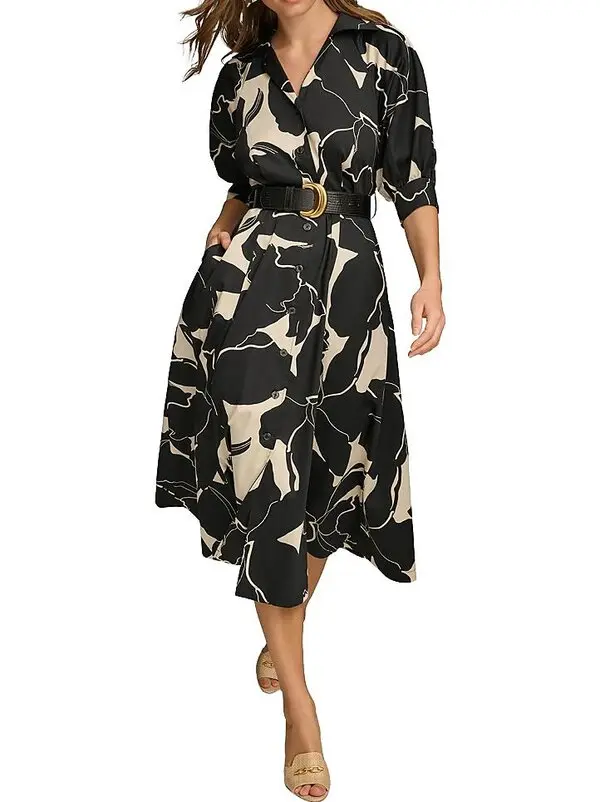 Donna Karan New York Belted Shirt Dress With Print - Black/parchment