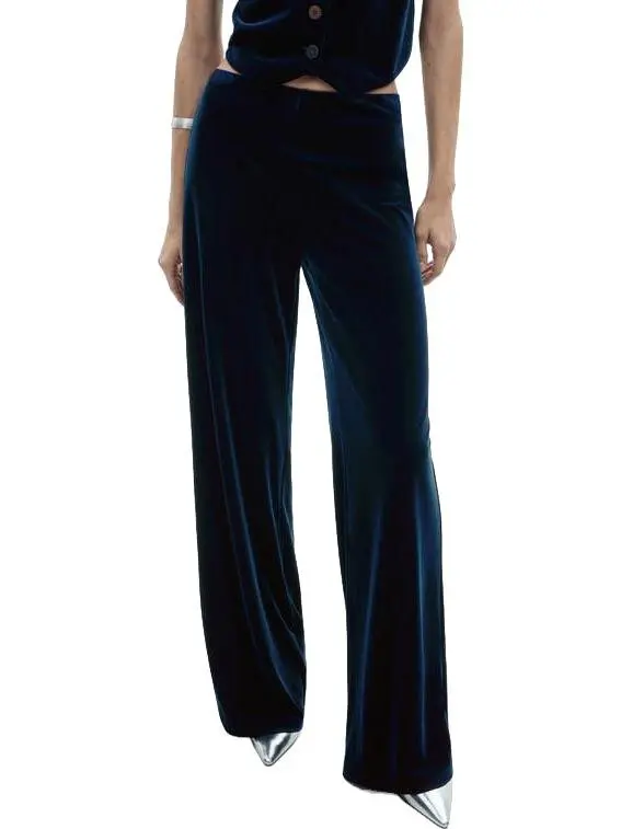 Mango Xenphant Stretch Velvet Wide Leg Pants - Night Blue