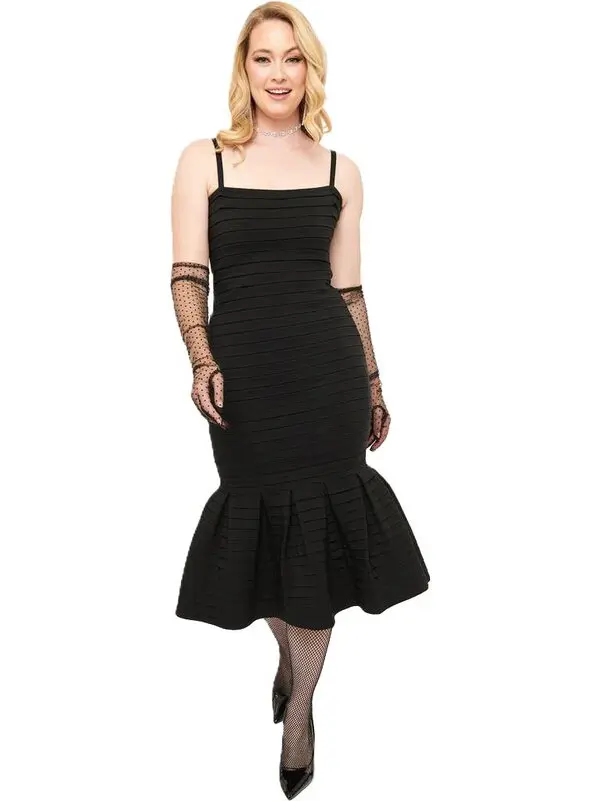 Unique Vintage 1960s Pleated Mermaid Pencil Dress - Black